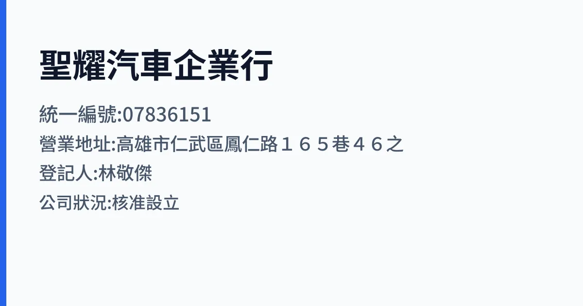 聖耀汽車企業行 - 統編 07836151（高雄市） 公司登記資料與營業項目詳細圖表