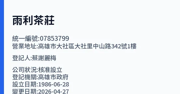 雨利茶莊的照片-統編 07853799(高雄市) 公司登記資料與營業項目詳細圖表