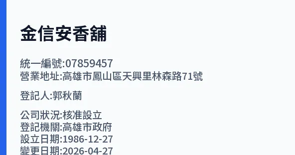 金信安香舖的照片-統編 07859457(高雄市) 公司登記資料與營業項目詳細圖表