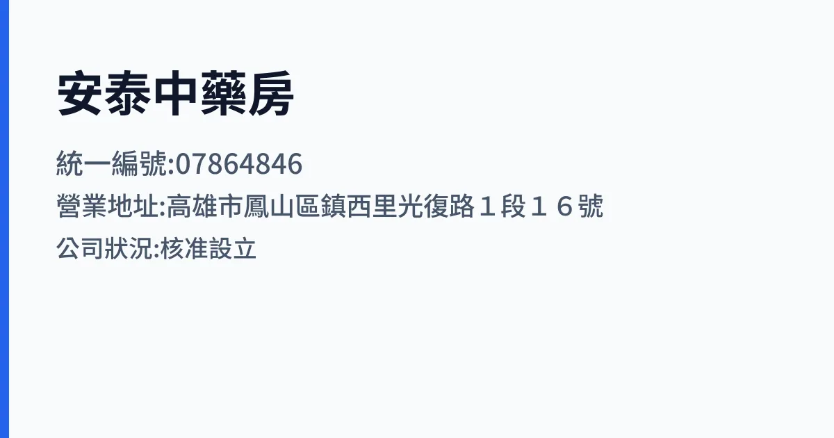 安泰中藥房 - 統編 07864846(高雄市) 公司登記資料與營業項目詳細圖表