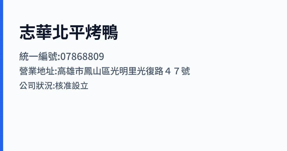 志華北平烤鴨 - 統編 07868809(高雄市) 公司登記資料與營業項目詳細圖表