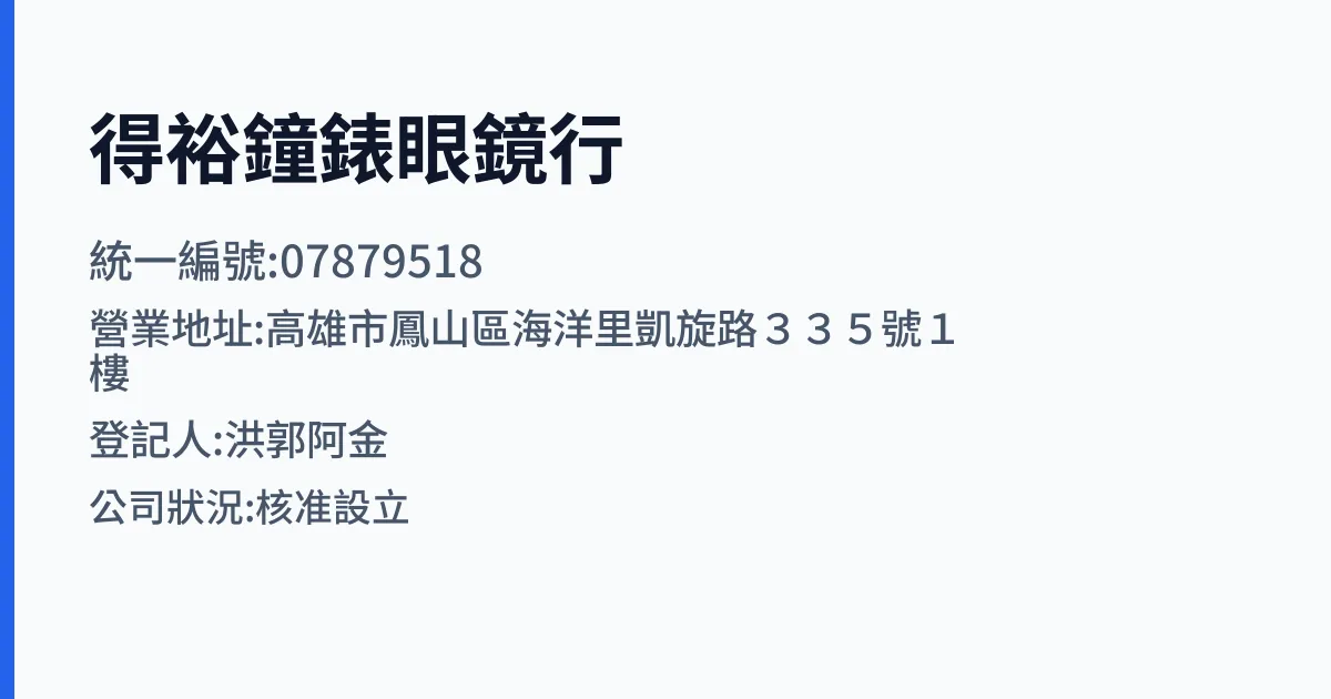 得裕鐘錶眼鏡行 - 統編 07879518(高雄市) 公司登記資料與營業項目詳細圖表