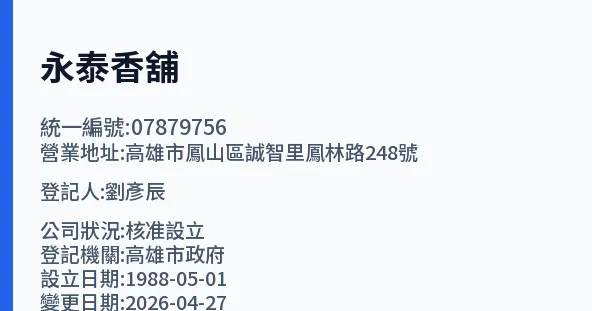 永泰香舖的照片-統編 07879756(高雄市) 公司登記資料與營業項目詳細圖表