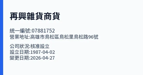 再興雜貨商貨的照片-統編 07881752(高雄市) 公司登記資料與營業項目詳細圖表