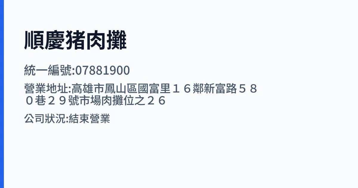順慶猪肉攤 - 統編 07881900(高雄市) 公司登記資料與營業項目詳細圖表