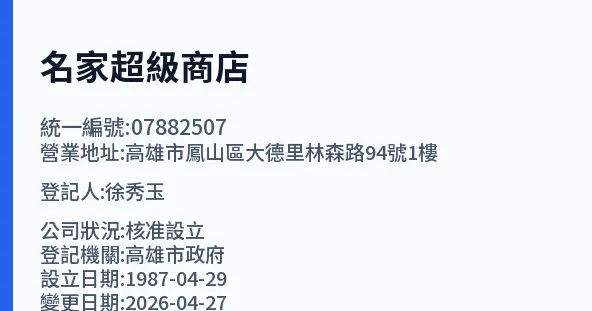 名家超級商店的照片-統編 07882507(高雄市) 公司登記資料與營業項目詳細圖表