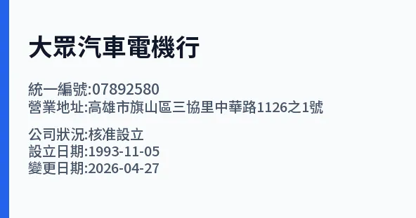 大眾汽車電機行的照片-統編 07892580(高雄市) 公司登記資料與營業項目詳細圖表