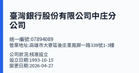 臺灣銀行股份有限公司中庄分公司的照片-統編 07894089(高雄市) 公司登記資料與營業項目詳細圖表