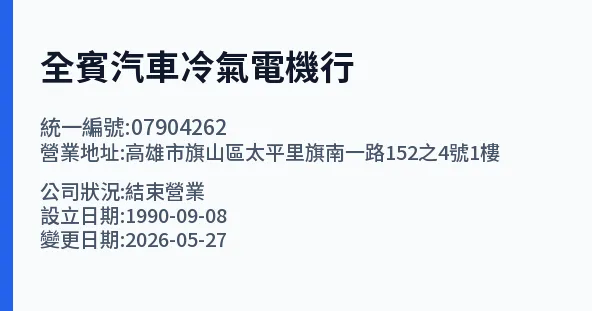 全賓汽車冷氣電機行的照片-統編 07904262(高雄市) 公司登記資料與營業項目詳細圖表