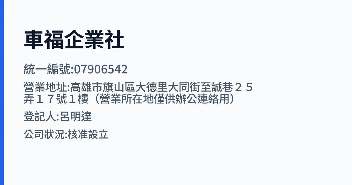 車福企業社 - 統編 07906542(高雄市) 公司登記資料與營業項目詳細圖表