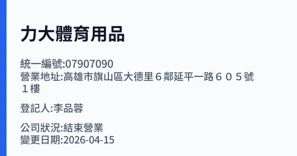 力大體育用品的照片-統編 07907090(高雄市) 公司登記資料與營業項目詳細圖表