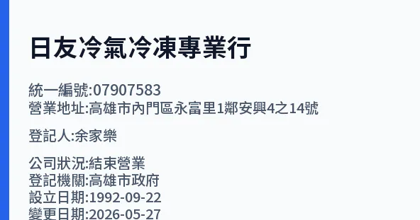 日友冷氣冷凍專業行的照片-統編 07907583(高雄市) 公司登記資料與營業項目詳細圖表