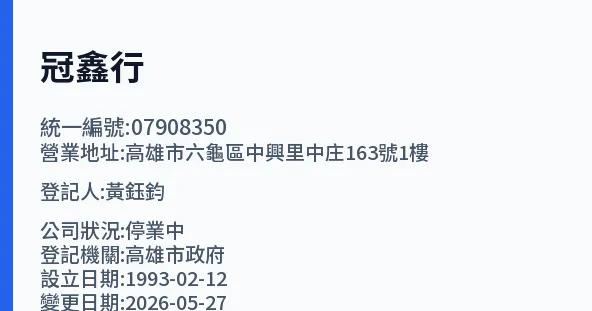 冠鑫行的照片-統編 07908350(高雄市) 公司登記資料與營業項目詳細圖表