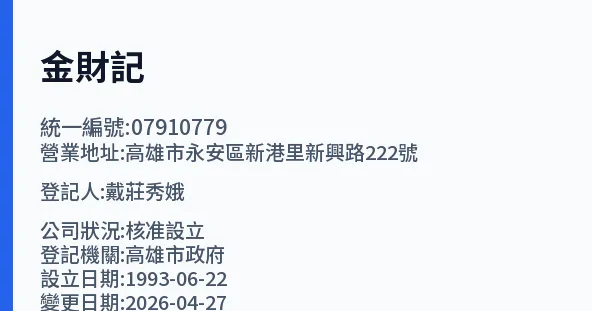 金財記的照片-統編 07910779(高雄市) 公司登記資料與營業項目詳細圖表