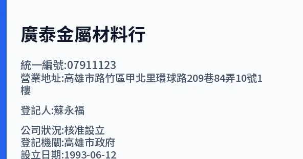 廣泰金屬材料行的照片-統編 07911123(高雄市) 公司登記資料與營業項目詳細圖表