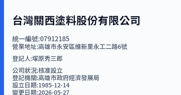 台灣關西塗料股份有限公司的照片-統編 07912185(高雄市) 公司登記資料與營業項目詳細圖表