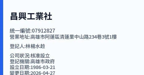 昌興工業社的照片-統編 07912827(高雄市) 公司登記資料與營業項目詳細圖表