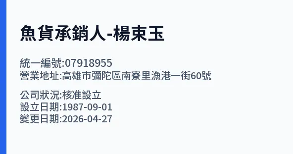 魚貨承銷人-楊束玉的照片-統編 07918955(高雄市) 公司登記資料與營業項目詳細圖表