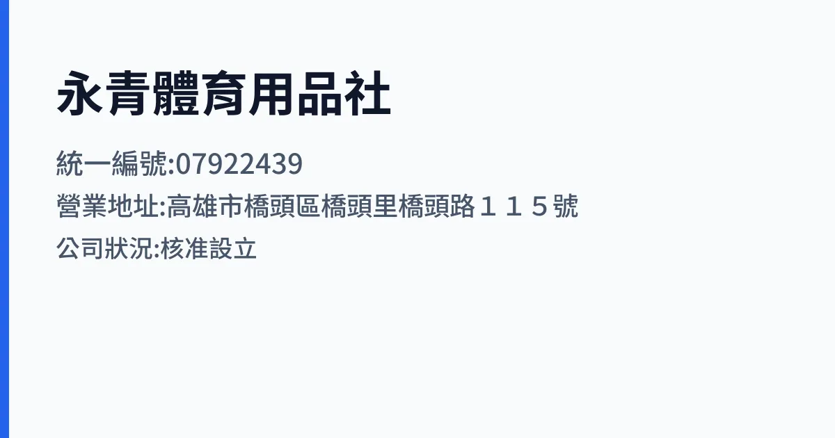 永青體育用品社 - 統編 07922439(高雄市) 公司登記資料與營業項目詳細圖表