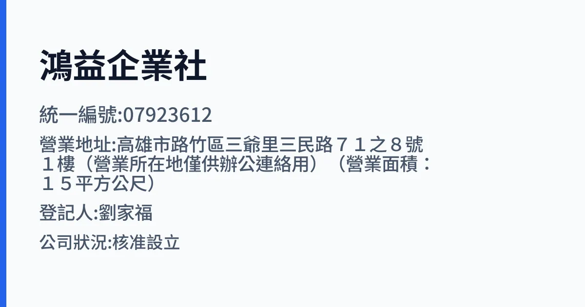 鴻益企業社 - 統編 07923612(高雄市) 公司登記資料與營業項目詳細圖表