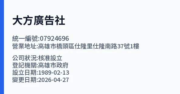 大方廣告社的照片-統編 07924696(高雄市) 公司登記資料與營業項目詳細圖表
