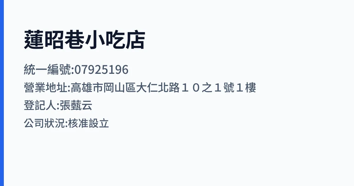 蓮昭巷小吃店 - 統編 07925196(高雄市) 公司登記資料與營業項目詳細圖表