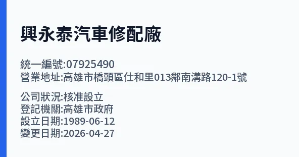 興永泰汽車修配廠的照片-統編 07925490(高雄市) 公司登記資料與營業項目詳細圖表
