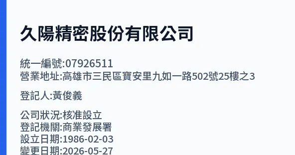 久陽精密股份有限公司的照片-統編 07926511(高雄市) 公司登記資料與營業項目詳細圖表