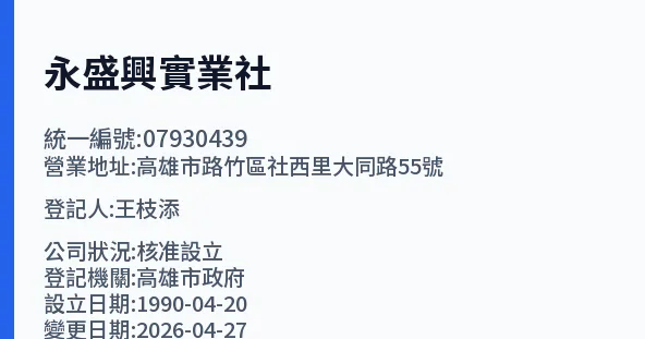 永盛興實業社的照片-統編 07930439(高雄市) 公司登記資料與營業項目詳細圖表