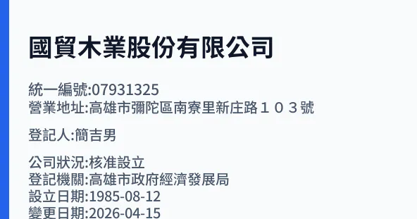 國貿木業股份有限公司的照片-統編 07931325(高雄市) 公司登記資料與營業項目詳細圖表