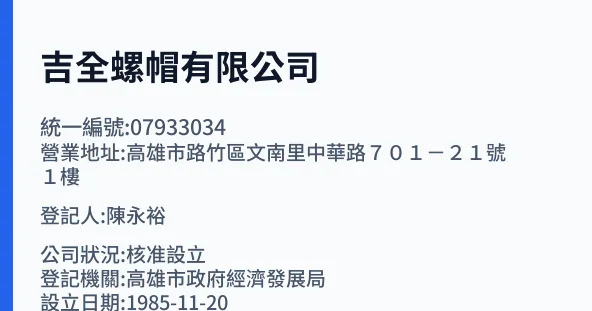 吉全螺帽有限公司的照片-統編 07933034(高雄市) 公司登記資料與營業項目詳細圖表