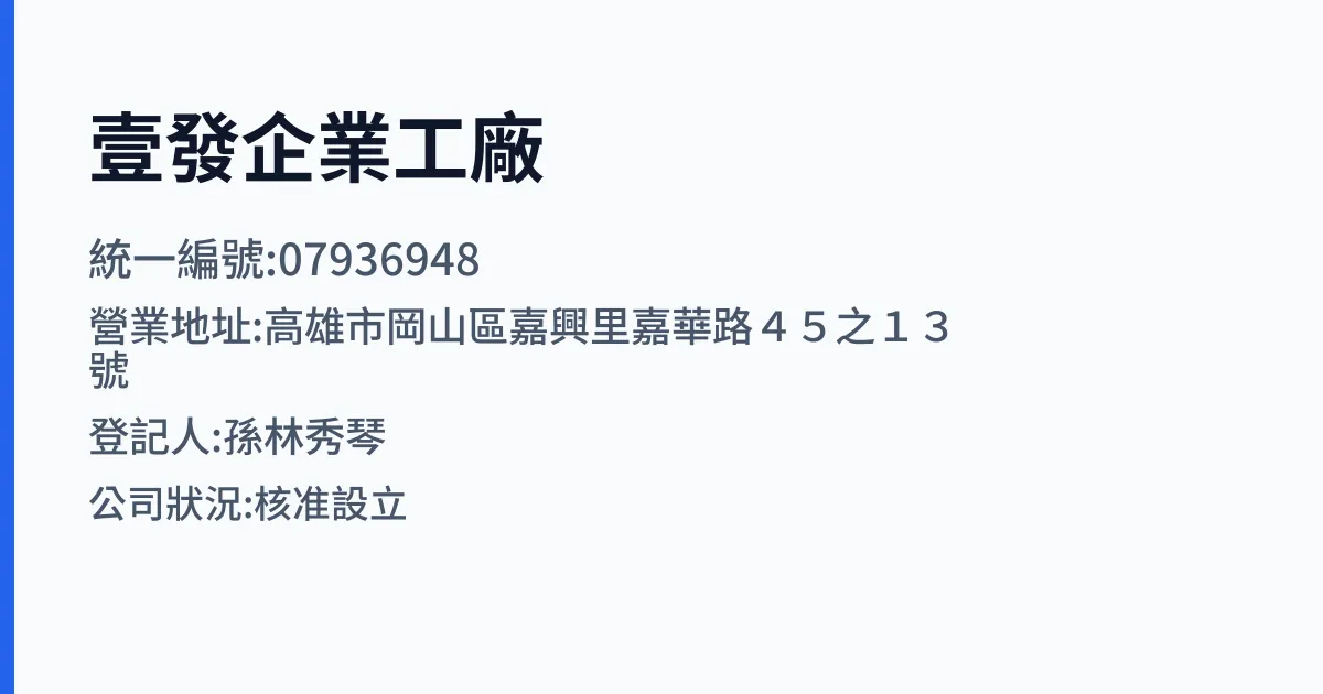 壹發企業工廠 - 統編 07936948(高雄市) 公司登記資料與營業項目詳細圖表