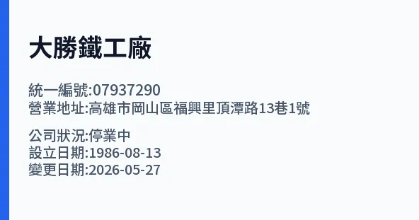 大勝鐵工廠的照片-統編 07937290(高雄市) 公司登記資料與營業項目詳細圖表