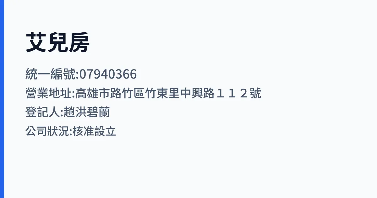 艾兒房 - 統編 07940366(高雄市) 公司登記資料與營業項目詳細圖表