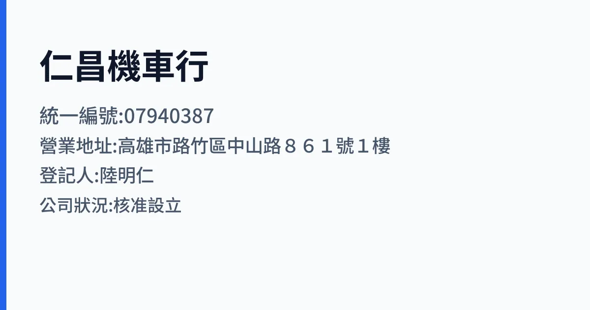 仁昌機車行 - 統編 07940387(高雄市) 公司登記資料與營業項目詳細圖表