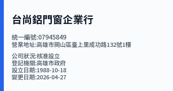 台尚鋁門窗企業行的照片-統編 07945849(高雄市) 公司登記資料與營業項目詳細圖表