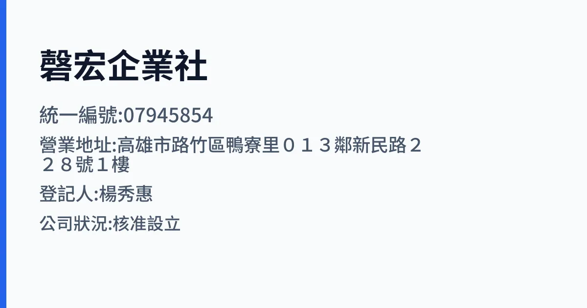 磬宏企業社 - 統編 07945854(高雄市) 公司登記資料與營業項目詳細圖表