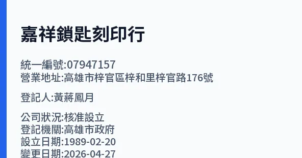 嘉祥鎖匙刻印行的照片-統編 07947157(高雄市) 公司登記資料與營業項目詳細圖表