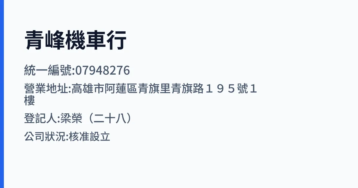 青峰機車行 - 統編 07948276(高雄市) 公司登記資料與營業項目詳細圖表
