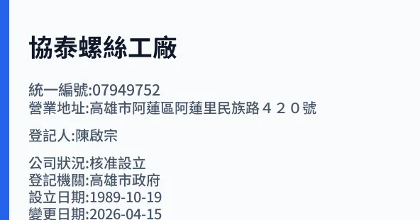 協泰螺絲工廠的照片-統編 07949752(高雄市) 公司登記資料與營業項目詳細圖表