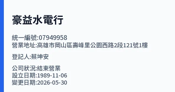 豪益水電行的照片-統編 07949958(高雄市) 公司登記資料與營業項目詳細圖表