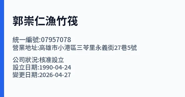 郭崇仁漁竹筏的照片-統編 07957078(高雄市) 公司登記資料與營業項目詳細圖表