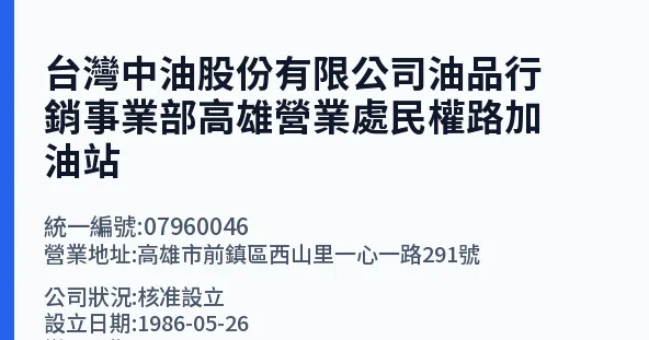 台灣中油股份有限公司油品行銷事業部高雄營業處民權路加油站的照片-統編 07960046(高雄市) 公司登記資料與營業項目詳細圖表