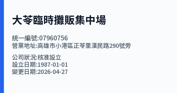 大苓臨時攤販集中場的照片-統編 07960756(高雄市) 公司登記資料與營業項目詳細圖表