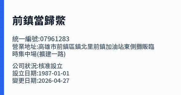 前鎮當歸鱉的照片-統編 07961283(高雄市) 公司登記資料與營業項目詳細圖表