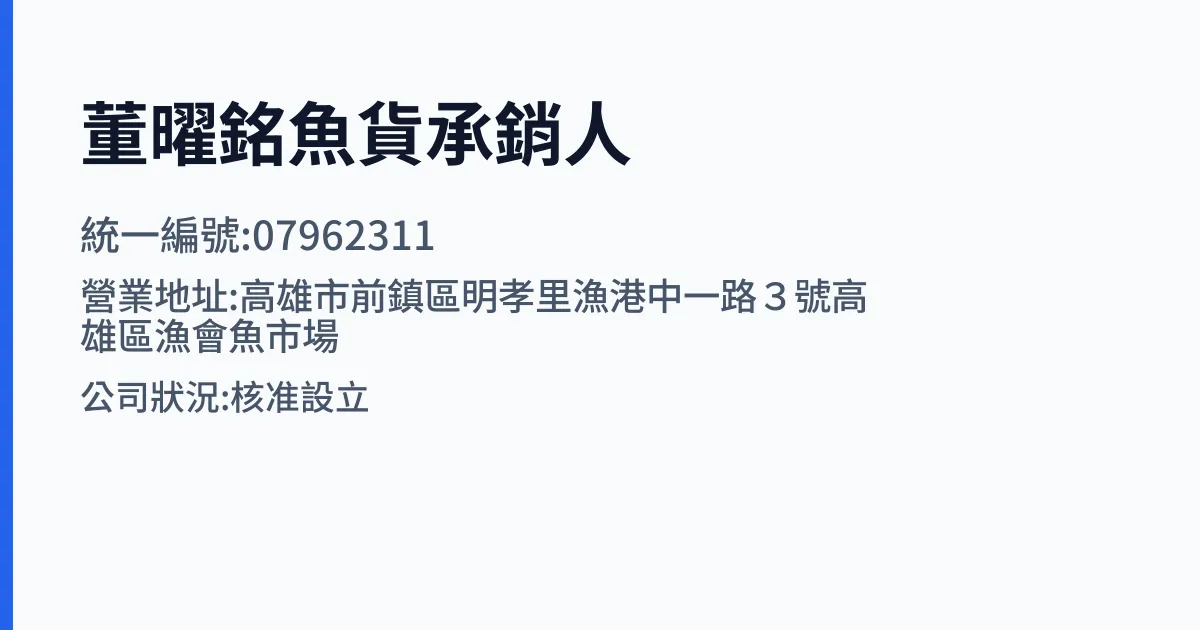 董曜銘魚貨承銷人 - 統編 07962311(高雄市) 公司登記資料與營業項目詳細圖表