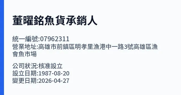 董曜銘魚貨承銷人的照片-統編 07962311(高雄市) 公司登記資料與營業項目詳細圖表
