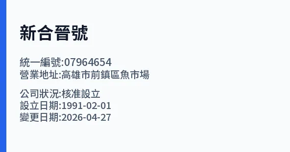 新合晉號的照片-統編 07964654(高雄市) 公司登記資料與營業項目詳細圖表