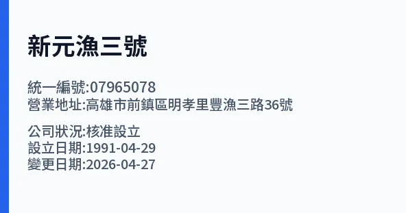 新元漁三號的照片-統編 07965078(高雄市) 公司登記資料與營業項目詳細圖表