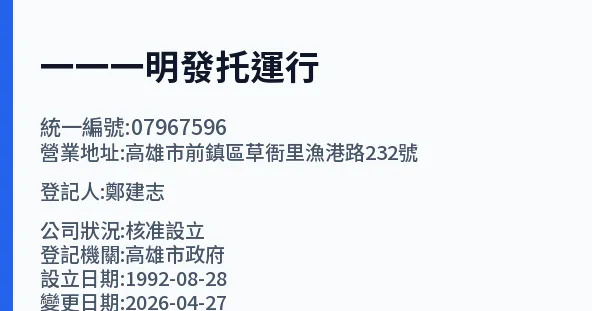 一一一明發托運行的照片-統編 07967596(高雄市) 公司登記資料與營業項目詳細圖表